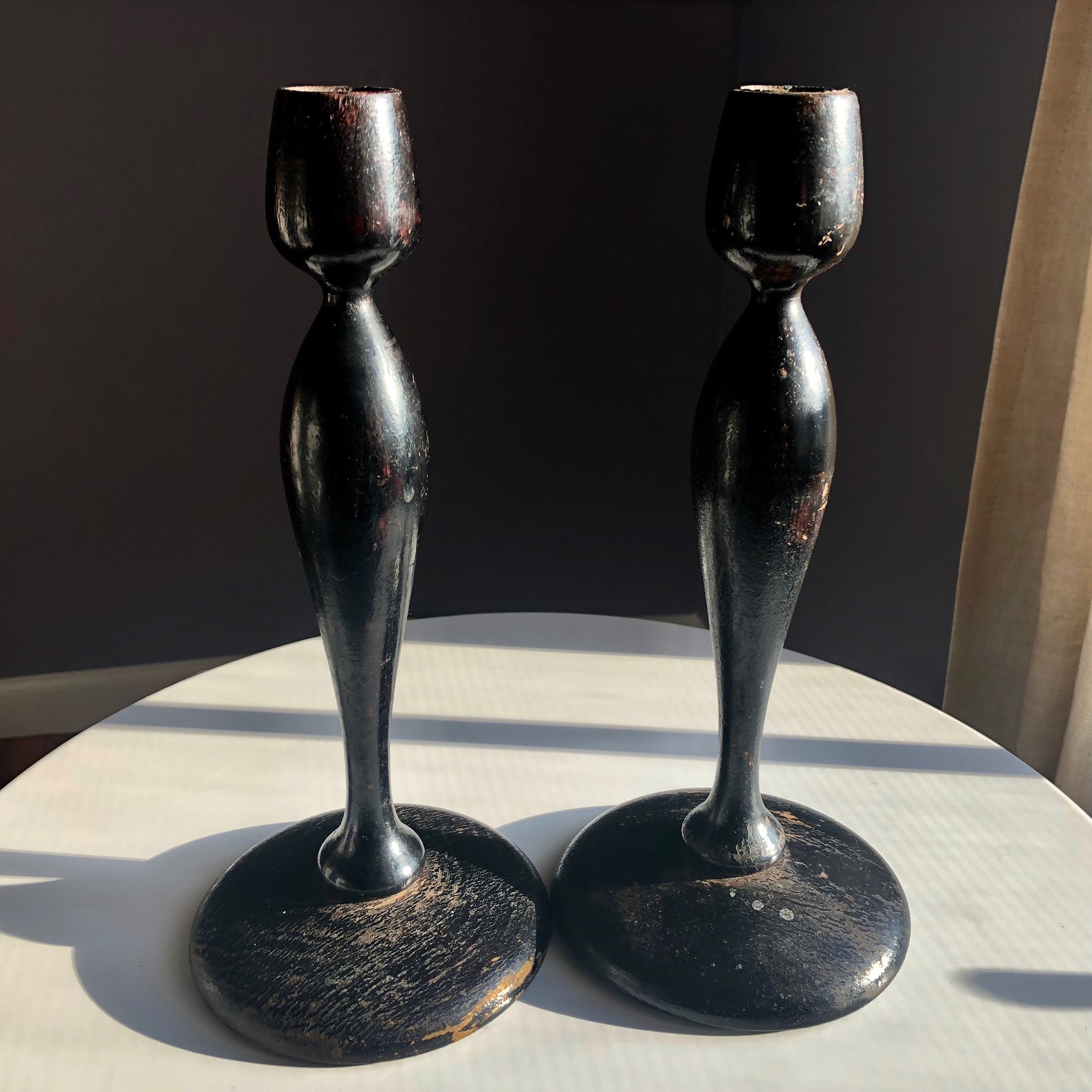 Vintage Wood Painted Black Candlestick Holders Taper Hand Turned - Etsy