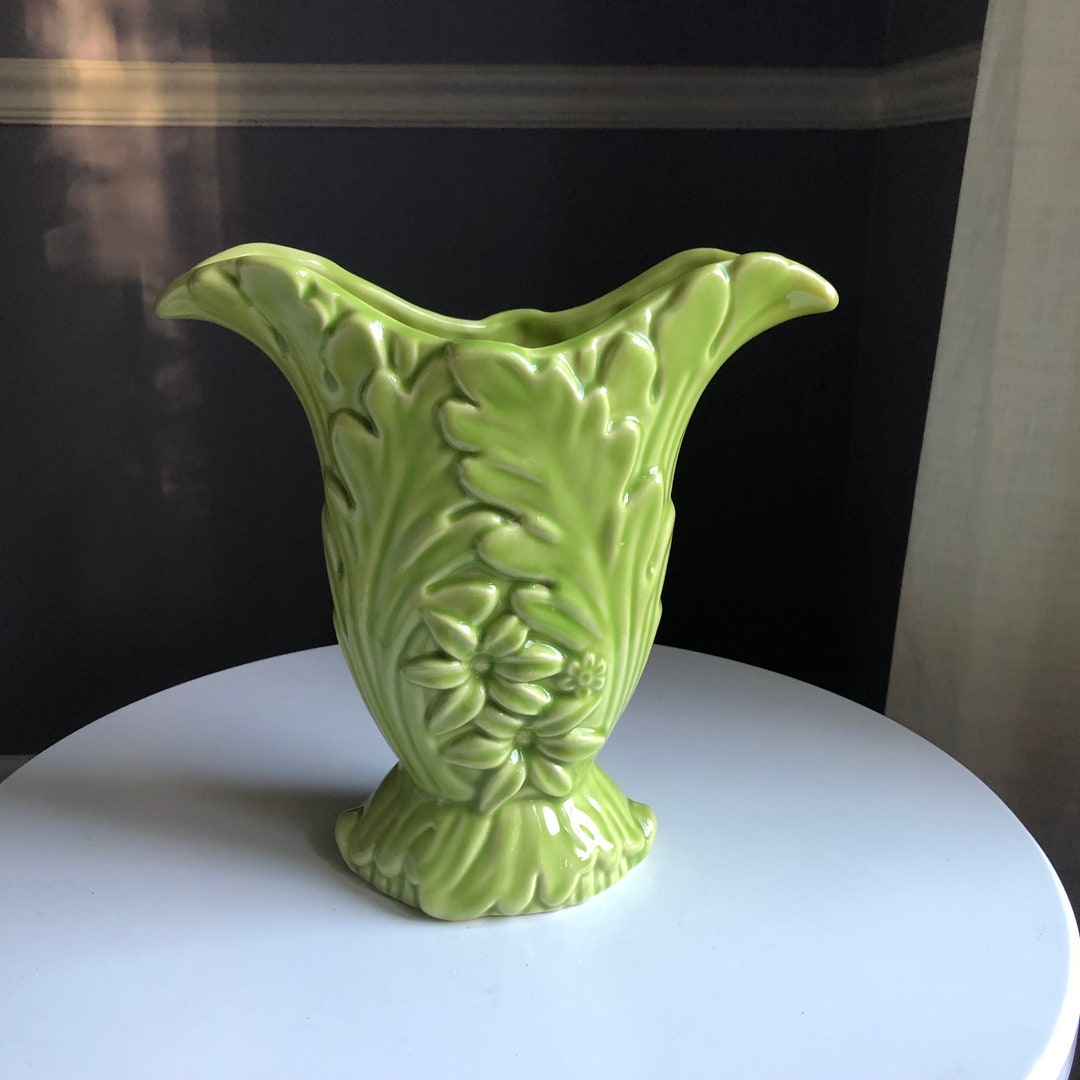 Vintage Lime Green Floral Motif Vase - Etsy