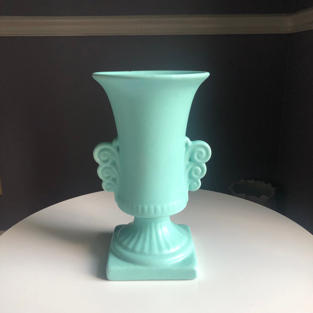 Vintage Haeger Aqua Urn Vase Triple Curl Handles - Etsy