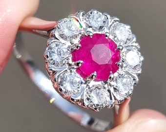 Vintage 18ct White Gold Ruby & Diamond Triple Cluster Ring - Etsy