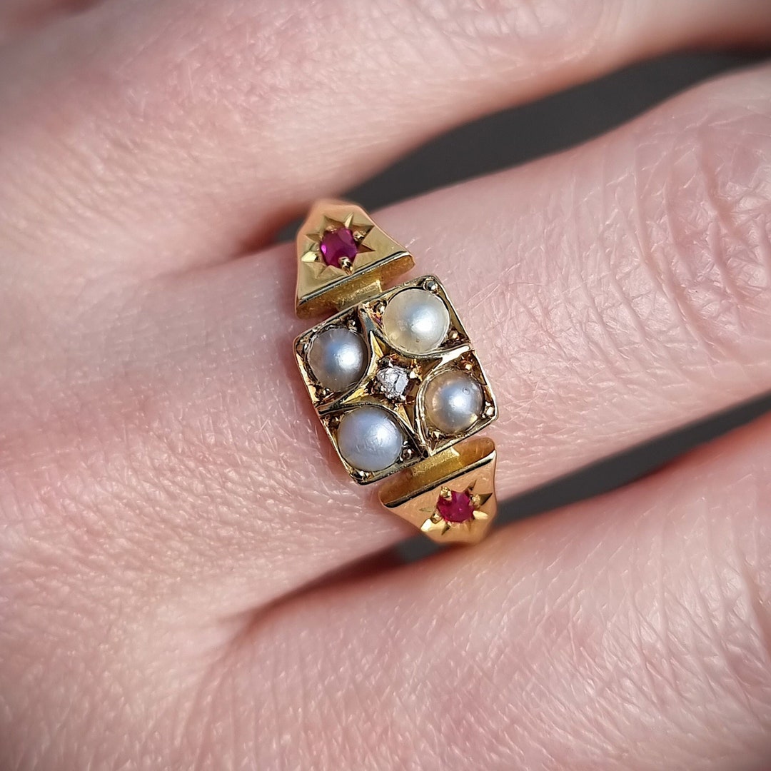 Victorian 18ct Gold Pearl, Ruby & Diamond Ring - Etsy