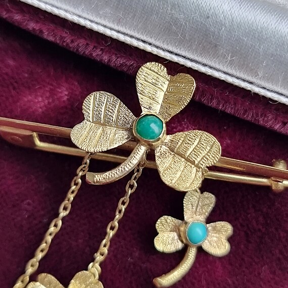 Antique 9ct Gold Turquoise Clover Bar Brooch - Gem