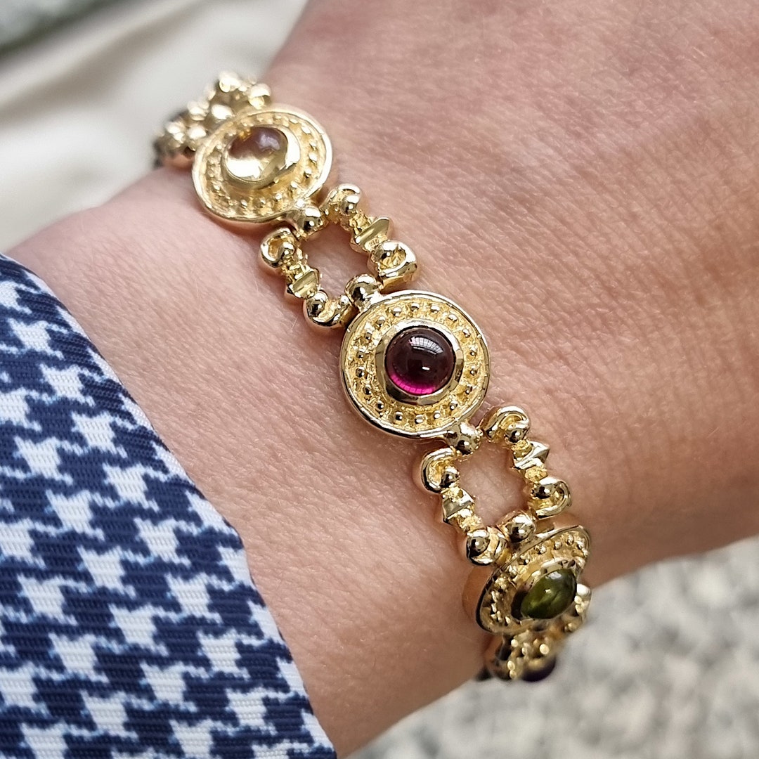 Vintage 14ct Yellow Gold Cabochon Cut Multi-gemstone Bracelet - Etsy