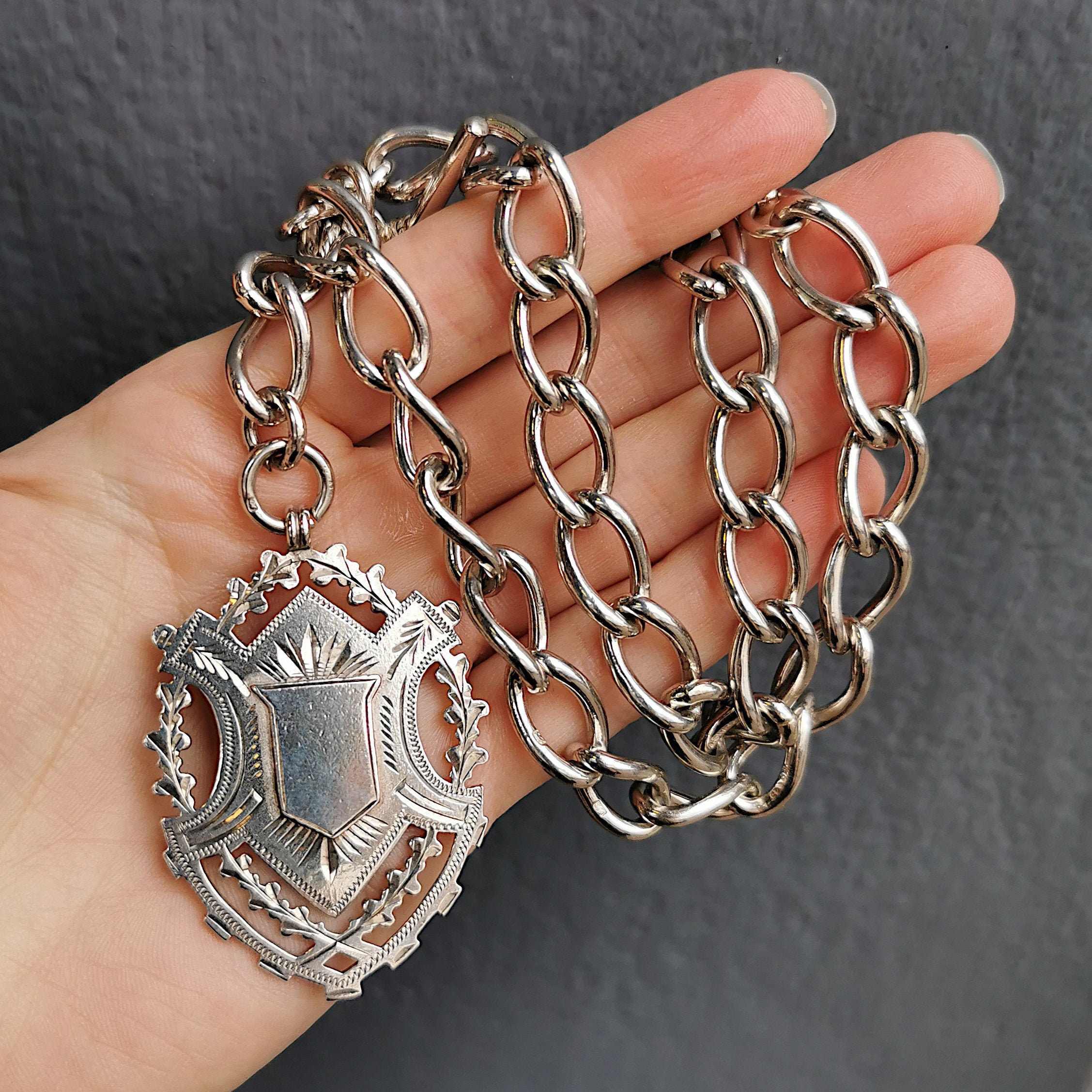 Edwardian Sterling Silver Albert Chain with Large Shield Fob | Etsy