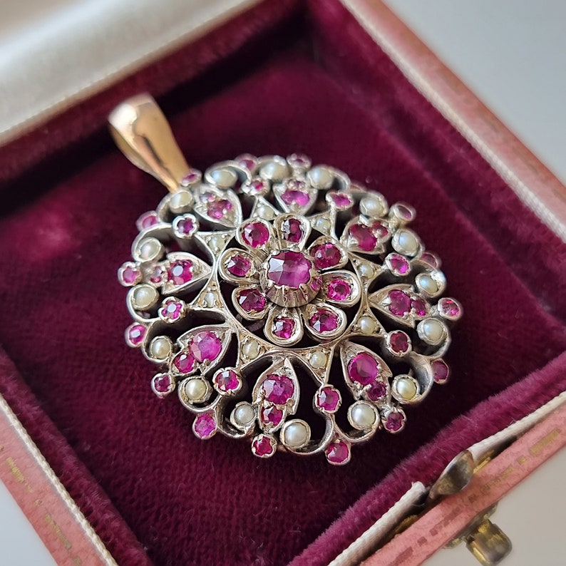 Antique 9ct Gold and Silver Ruby and Pearl Fancy Cluster Pendant - Etsy