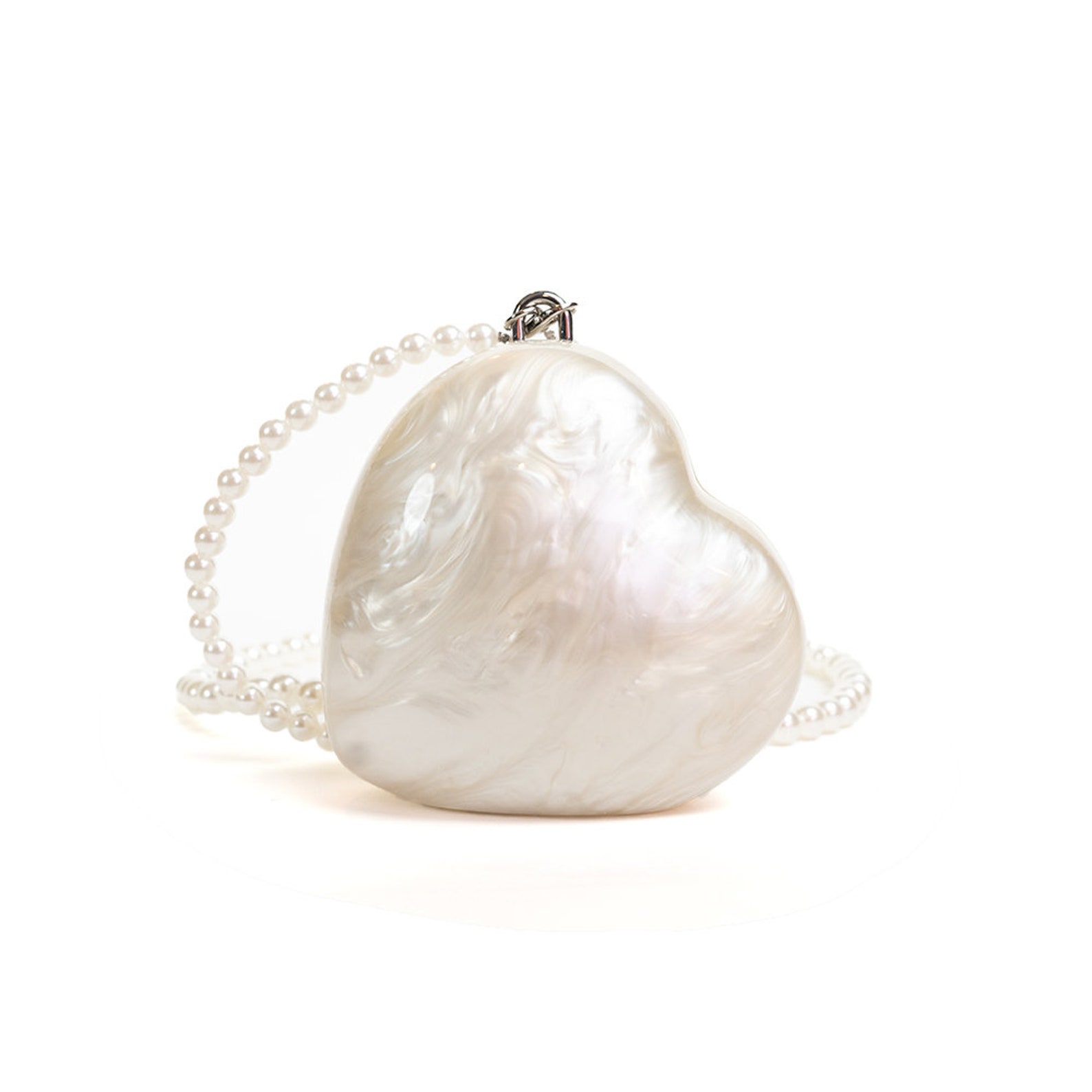 Mini Heart Bag With Pearl Chain, Pearl Heart Handbag, White Clutch With ...