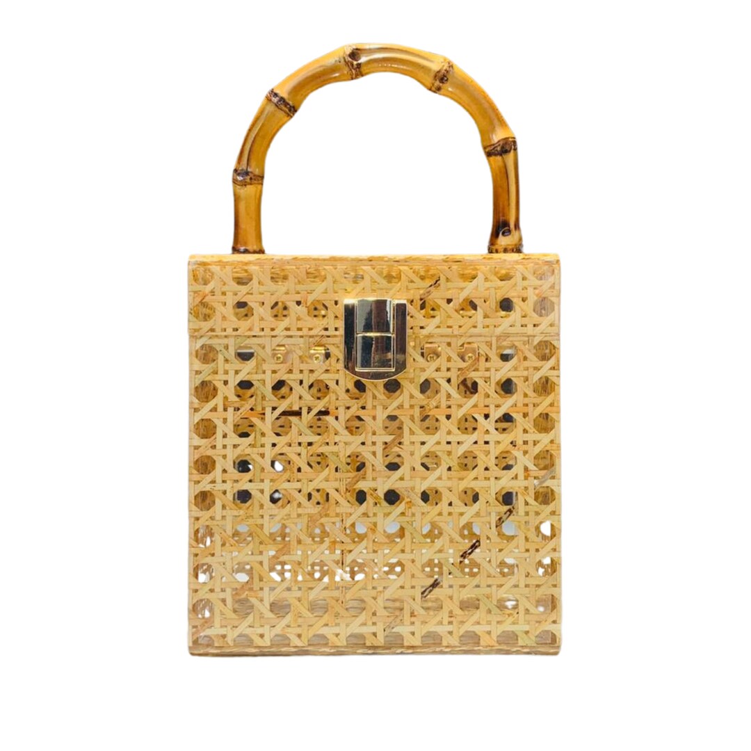 Raffia Cane Box Bag With Bamboo Handle, Raffia Bag, Cane Fabric, Beach ...