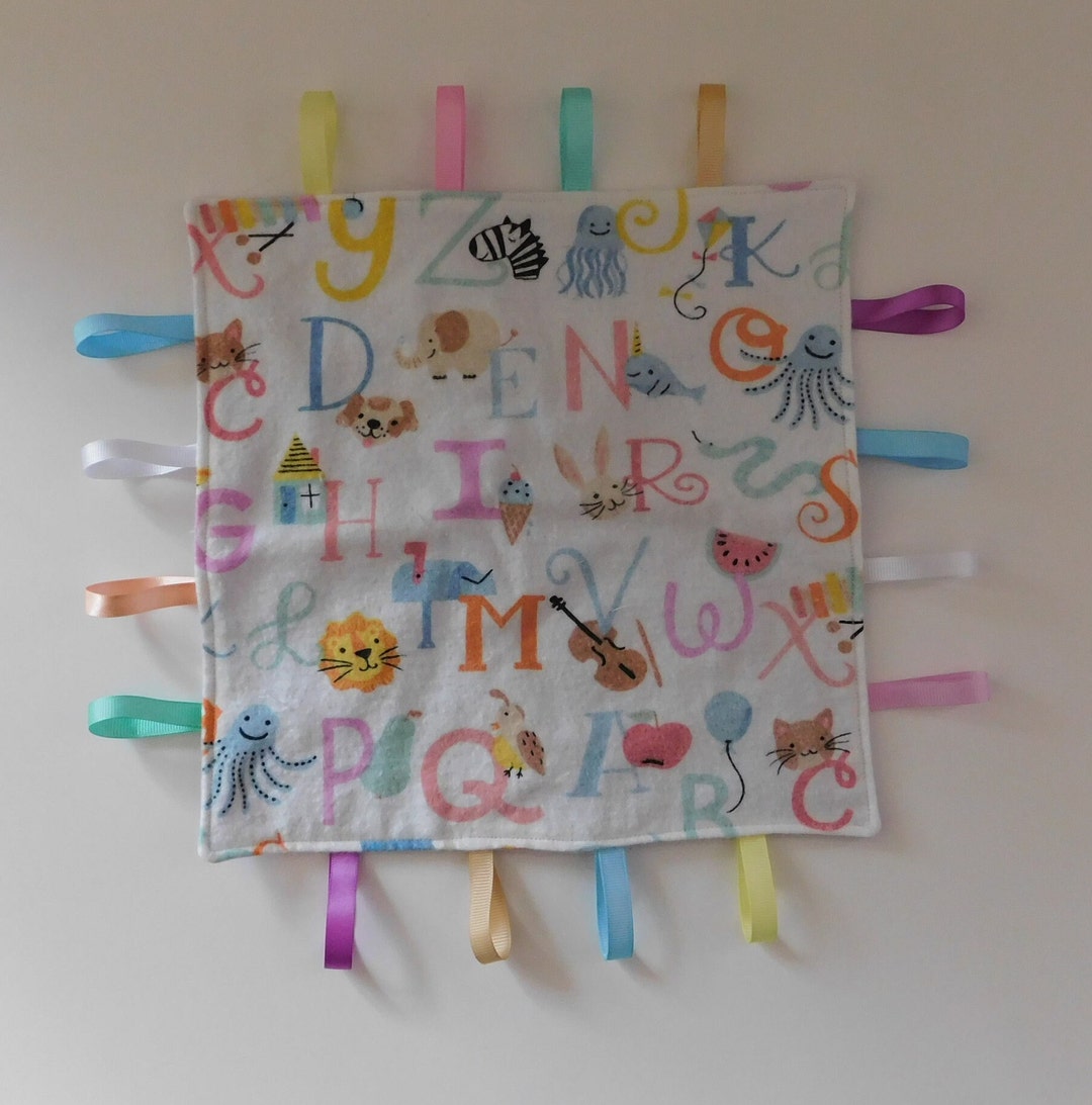 Alphabet Animal Print Flannel Tag Ribbon Blanket/ ABC Lovey/ Alphabet ...