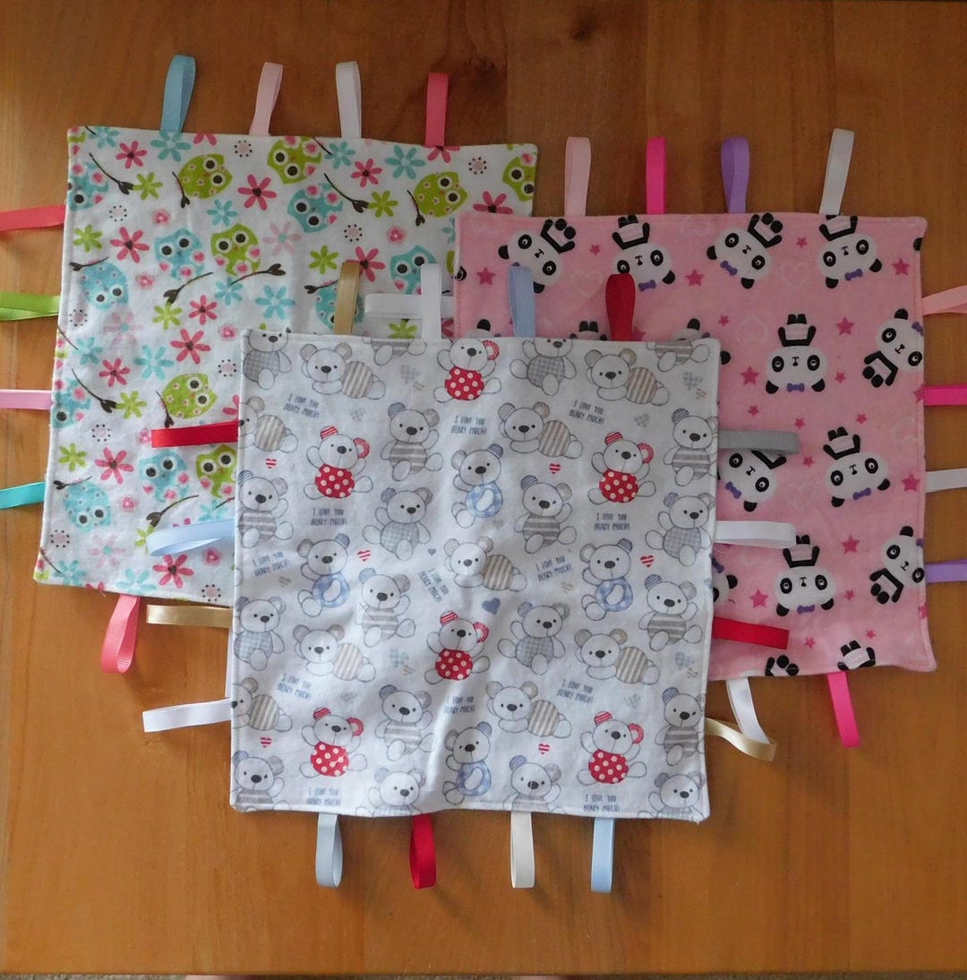 Teddy Bear Flannel Tag Blanket/panda Lovey/bear Soft Ribbon Blanket ...