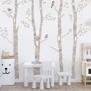 Wall Decal Birch Tree Birds Leaves Brown Sepia Watercolor Baby Sticker ...