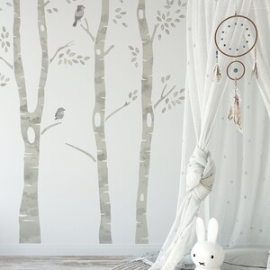 Wall Decal Birch Tree Birds Leaves Brown Sepia Watercolor Baby Sticker ...
