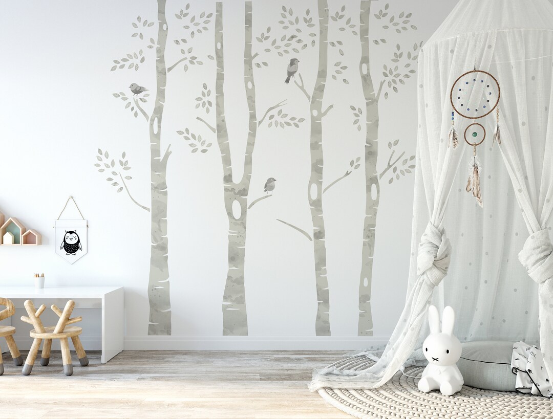 Wall Decal Birch Tree Birds Leaves Brown Sepia Watercolor Baby Sticker ...
