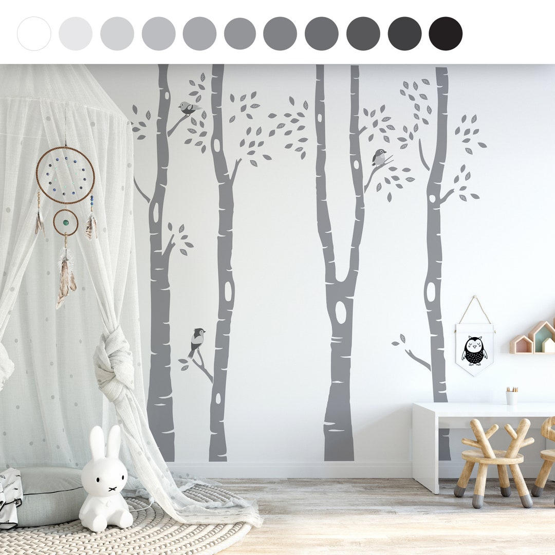 Birch Tree Decal for Grey Nursery Decor, Forest Wall Sticker Kid's Room ...