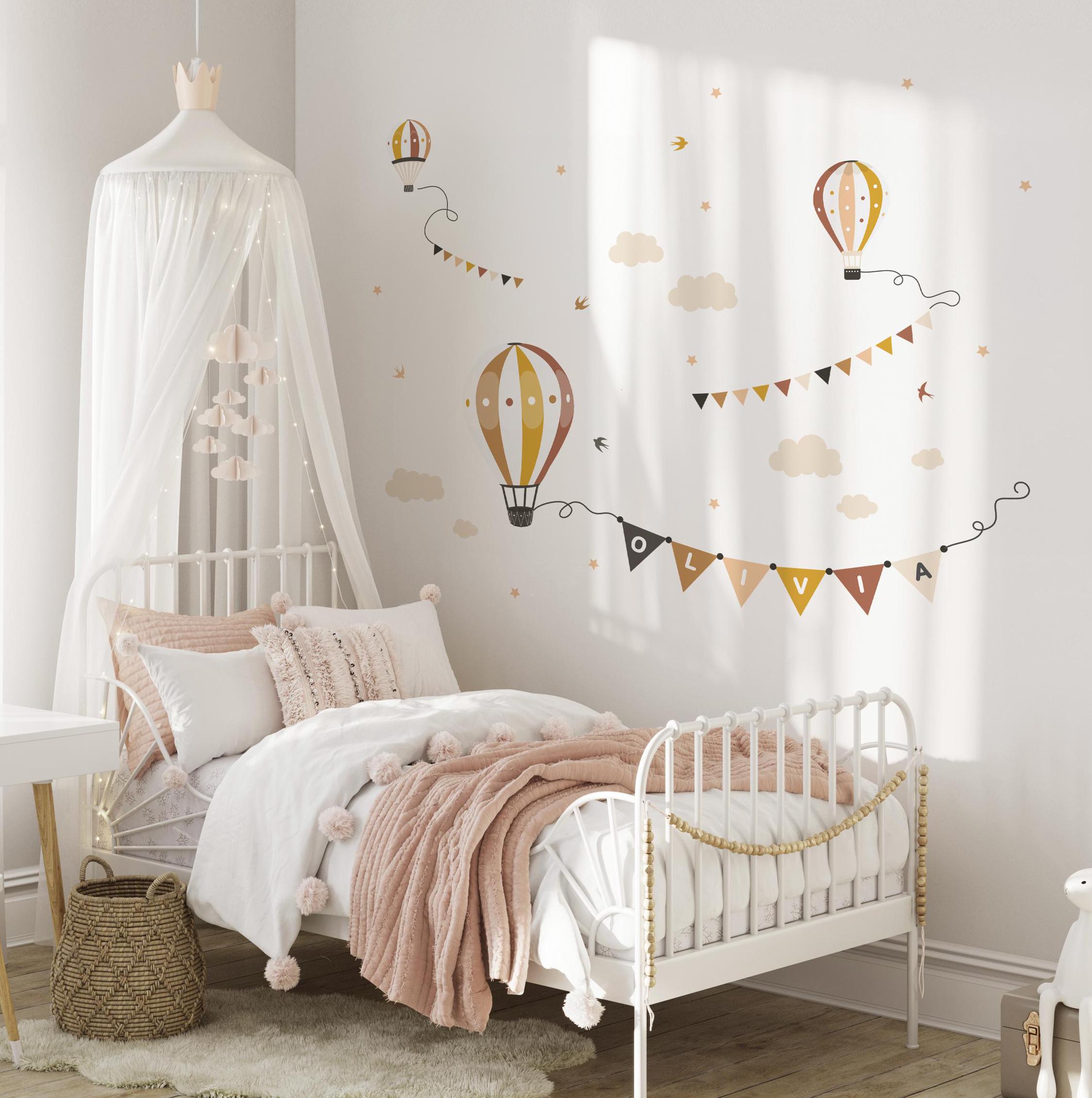 Hot Air Balloons Decal With Name, Beige Balloon Wall Sticker Kids Room ...