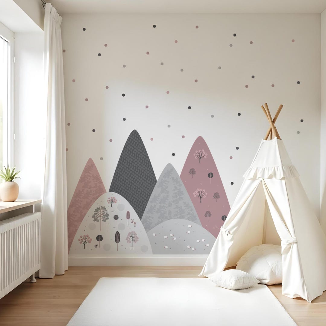 Wall Decal Kids Room Mountains Wallpaper Natural Nursery Decor Girl ...