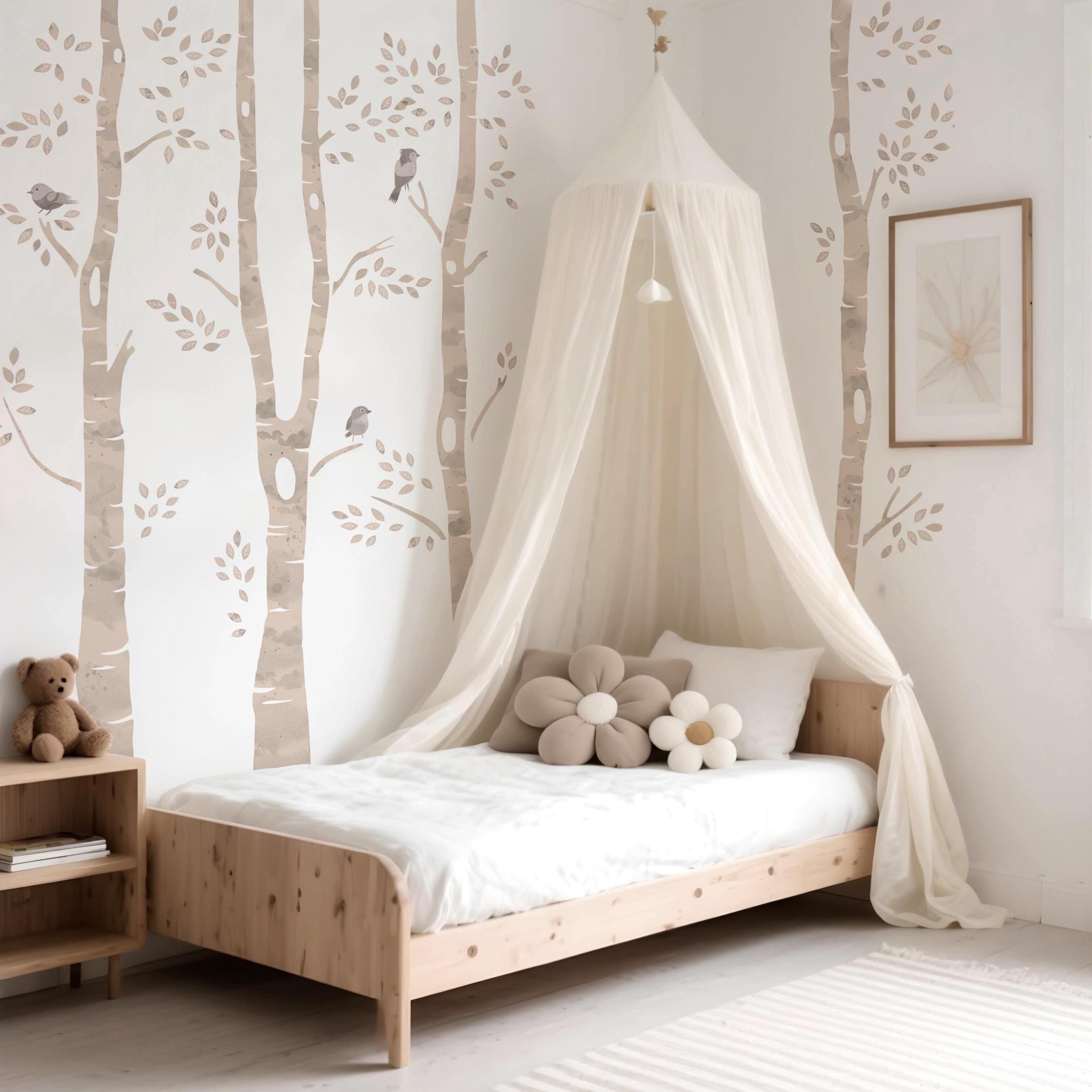 Wall Decal Birch Tree Birds Leaves Brown Sepia Watercolor Baby Sticker ...