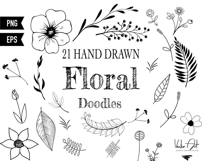 Floral Doodles Clipart, Flowers Doodle Clipart, Hand Drawn Flower ...