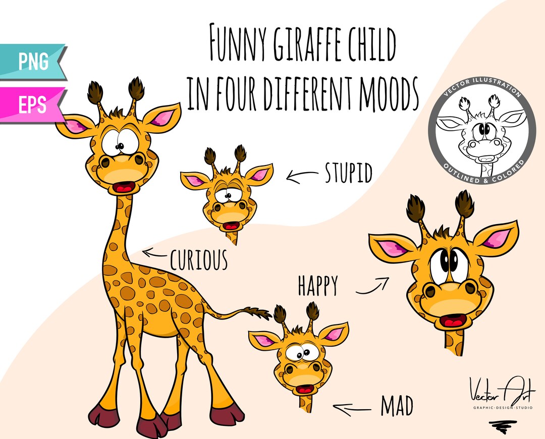 Bundle of Four Cute Giraffe KIDS Clipart, Different Mood Variations ...