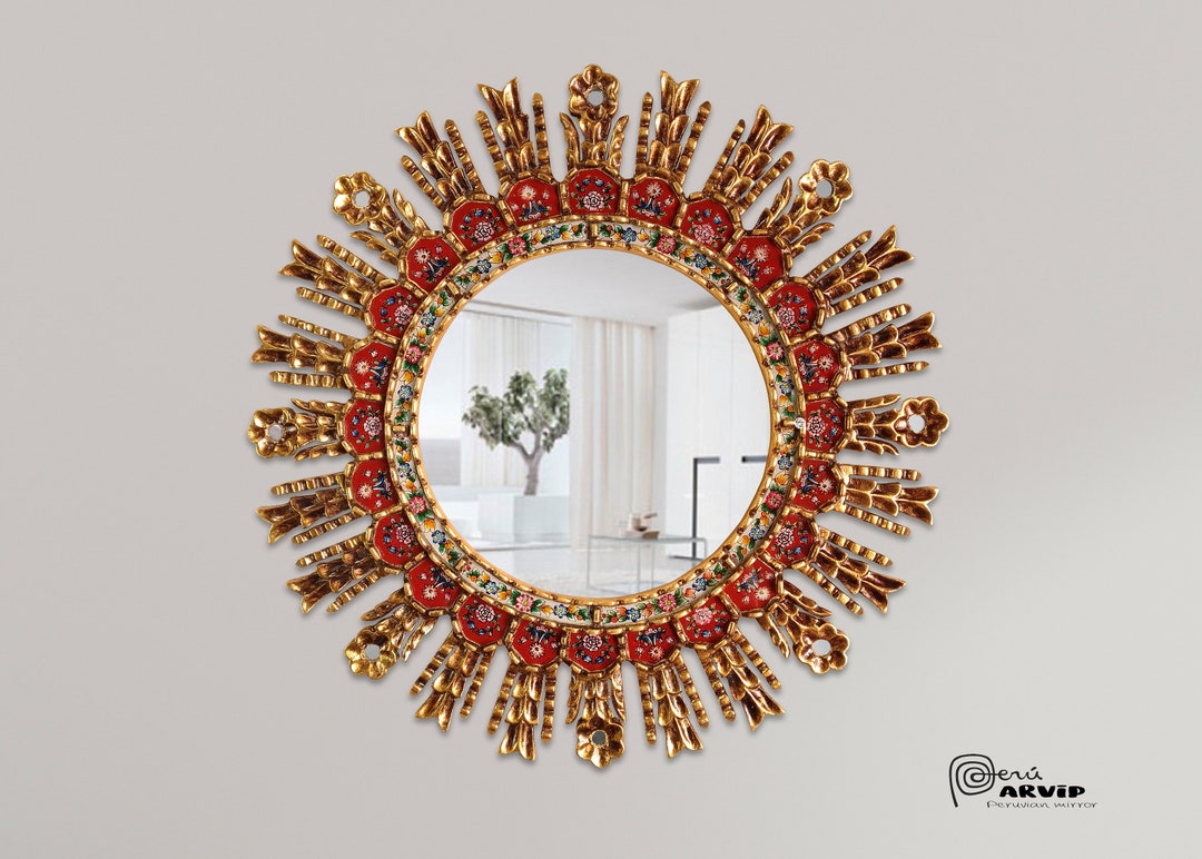 Carlos Ch.- 23"(58cm) Peruvian Red Circular Mirror With Rays in Gold ...