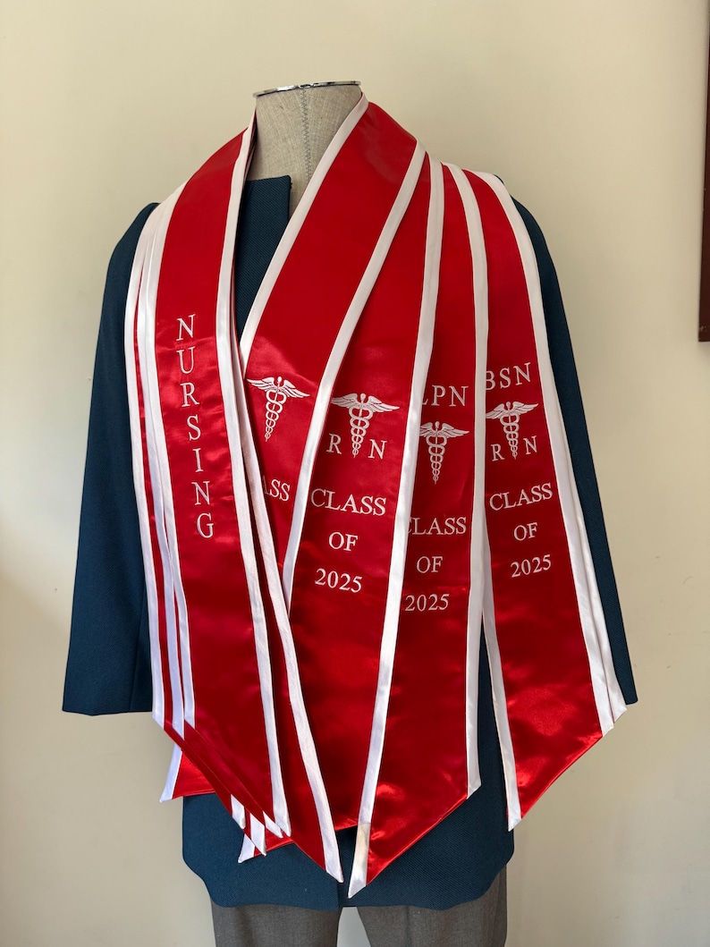 Nurse Graduation Stole 2025: Red With White Trim, Embroidered Nursing ...