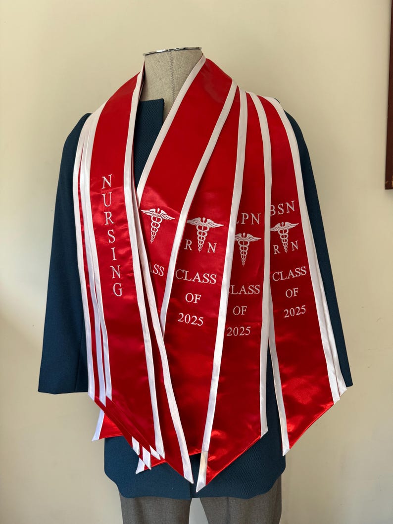 Nurse Graduation Stole 2025: Red With White Trim, Embroidered Nursing ...