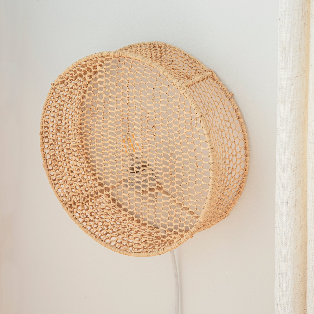 Round Woven Raffia Wall Light - Etsy