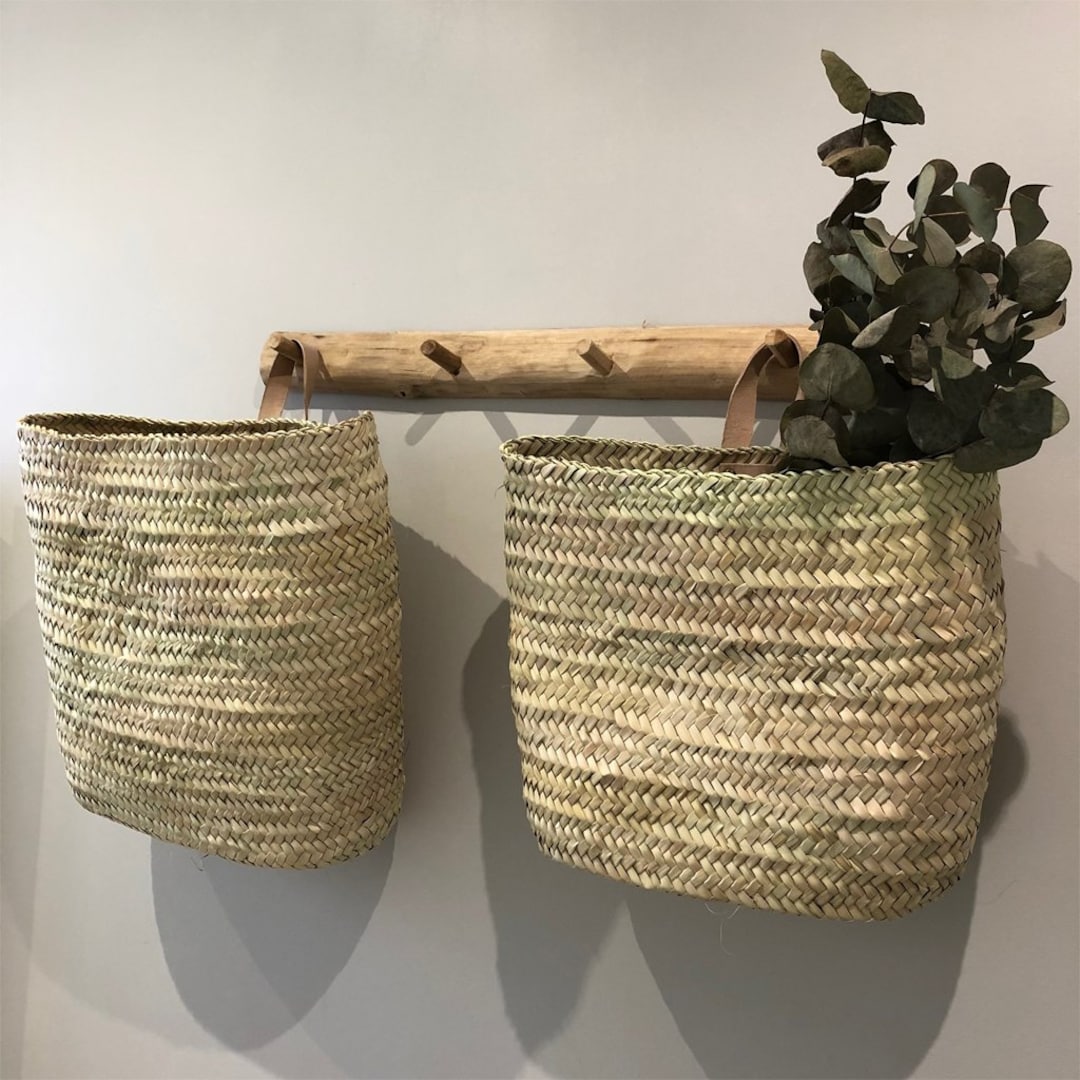 Hanging Basket in Straw and Leather, Decorative Wall Storage Basket in ...