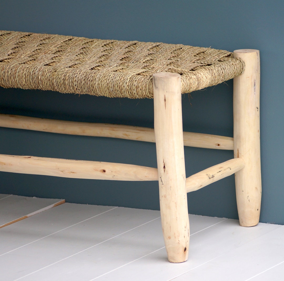 Moroccan Bench in Solid Wood and Natural Weaving 100cm - Etsy