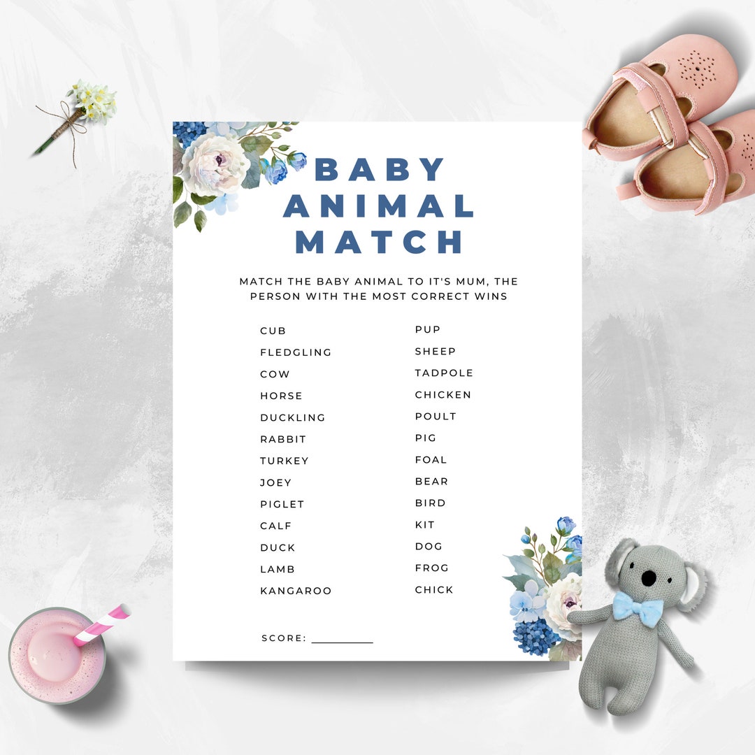 Baby Animal Match Baby Shower Game. Instant Download. Hydrangea Theme ...