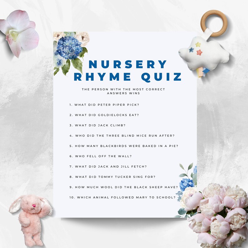 Nursery Rhyme Quiz Baby Shower Game. Instant Download. Hydrangea Theme ...