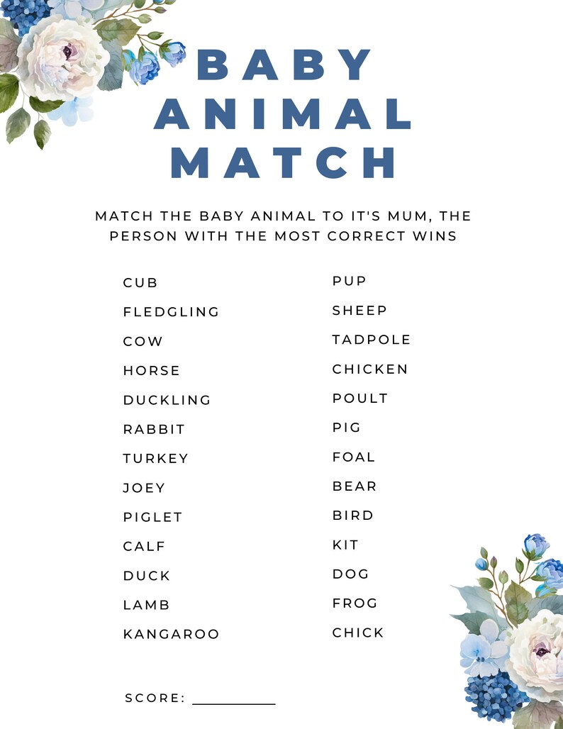 Baby Animal Match Baby Shower Game. Instant Download. Hydrangea Theme ...