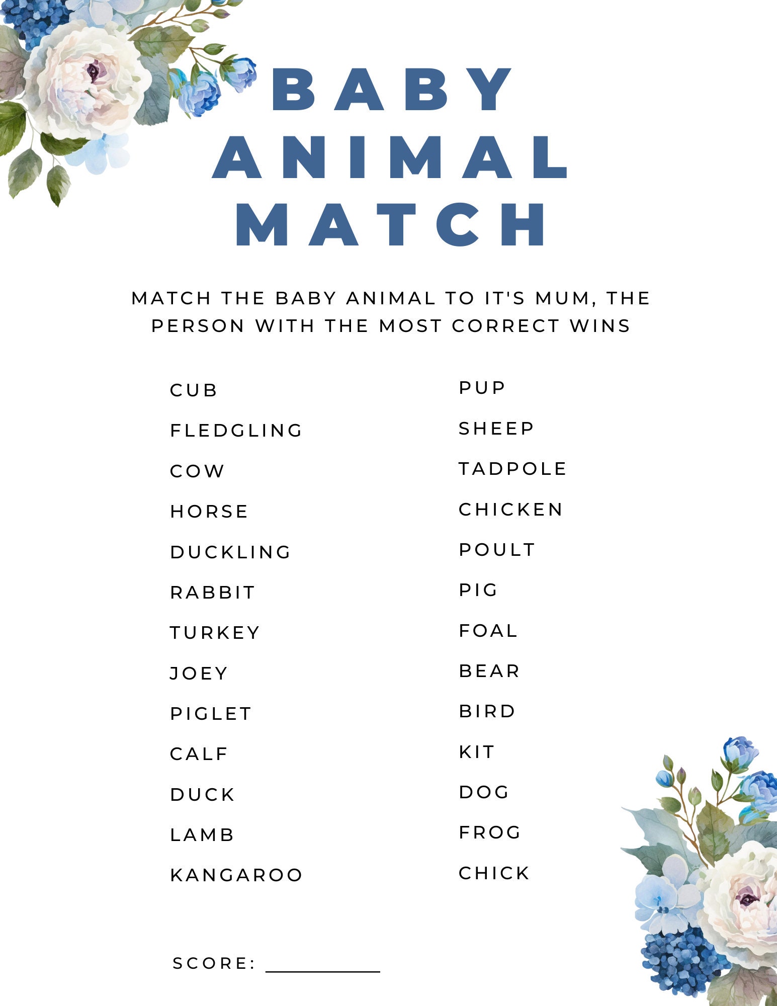 Baby Animal Match Baby Shower Game. Instant Download. Hydrangea Theme ...