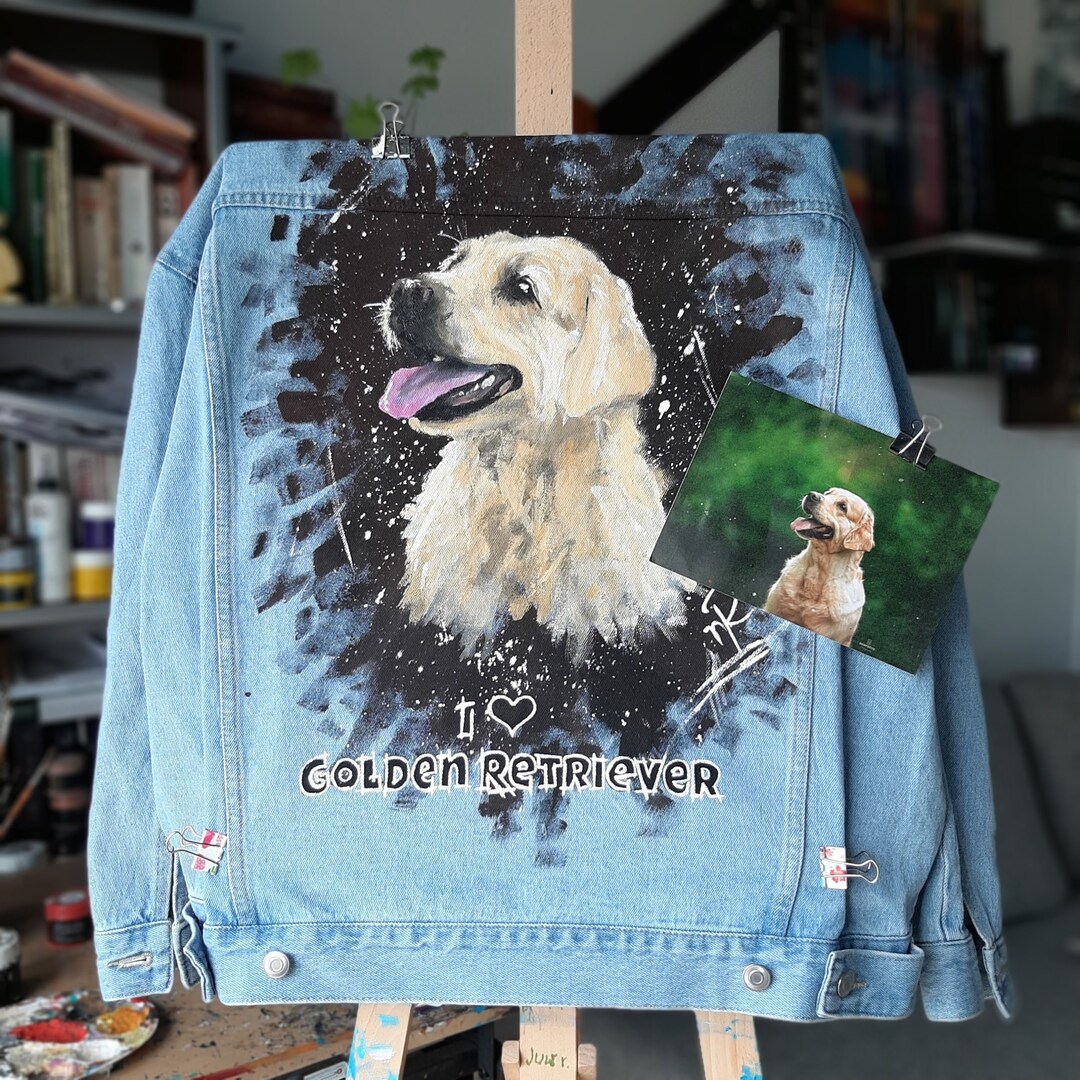 Labrador Retriever on Denim Jacket, Black Lab From Photo, Dog Portrait ...