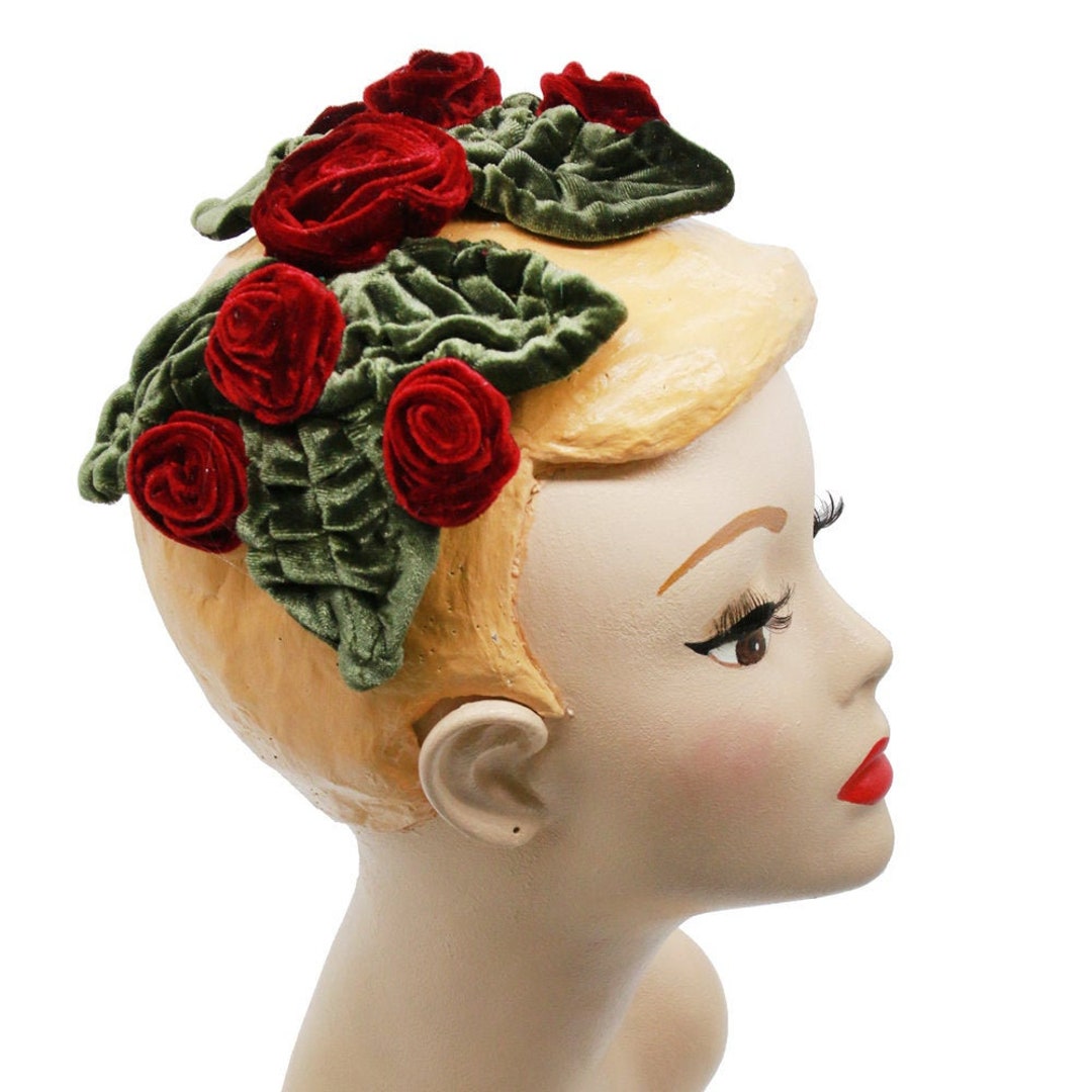 Bandeau Hat, Half Hat in Vintage Style Made of Velvet With Leaves & Red ...