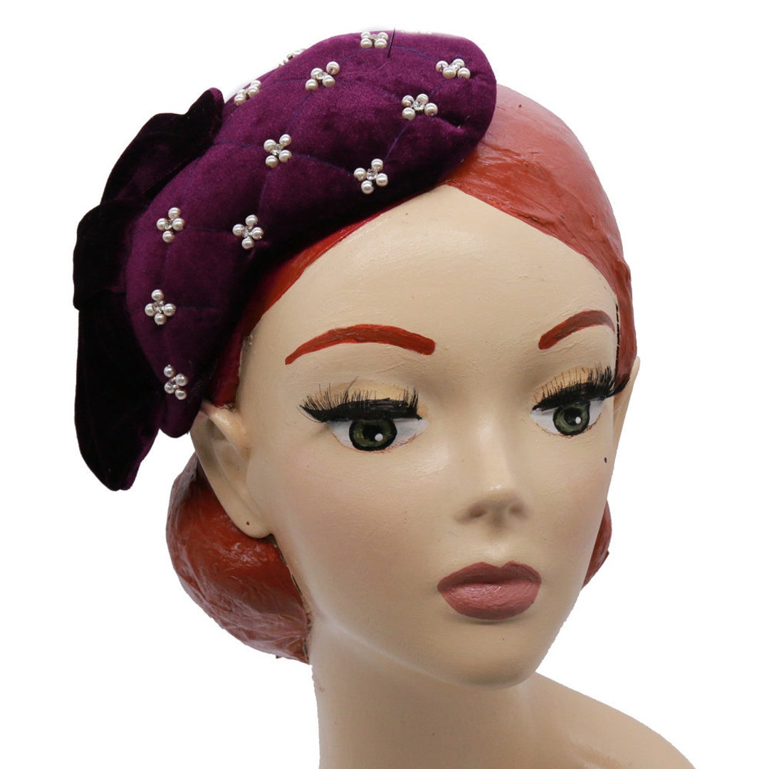 Fascinator Half Hat Velvet Purple Bow Pearls 50th Vintage Rockabilly ...