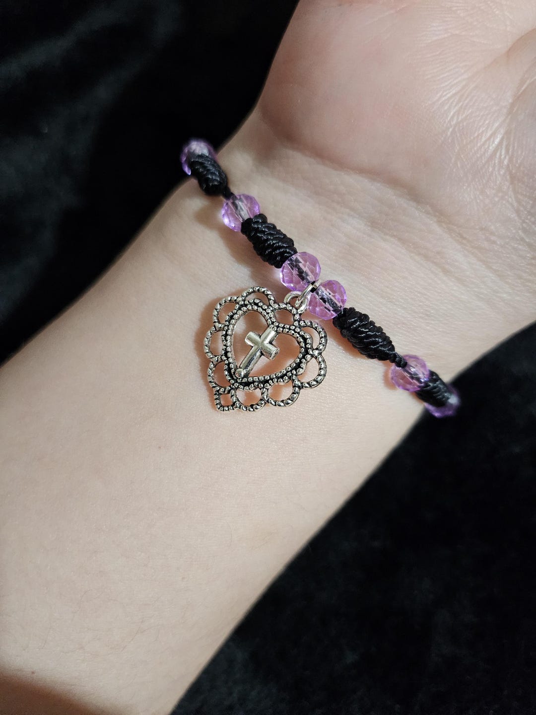 Handmade Goth Alternative Purple Beads & Black Nylon String Cross Charm ...