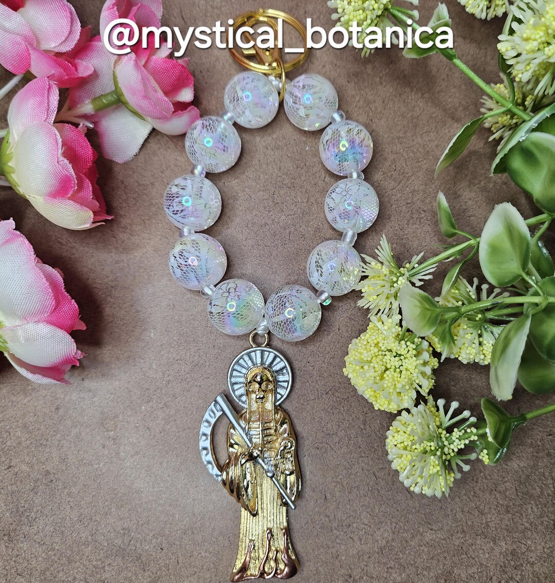 Santa Muerte Laminated Gold Pendant Decenario Keychain – Spiritual ...