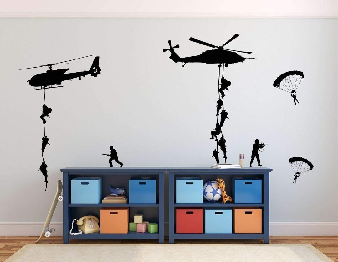 Army Wall Decals, Soldiers Parachuting From Helicopters Personalized ...