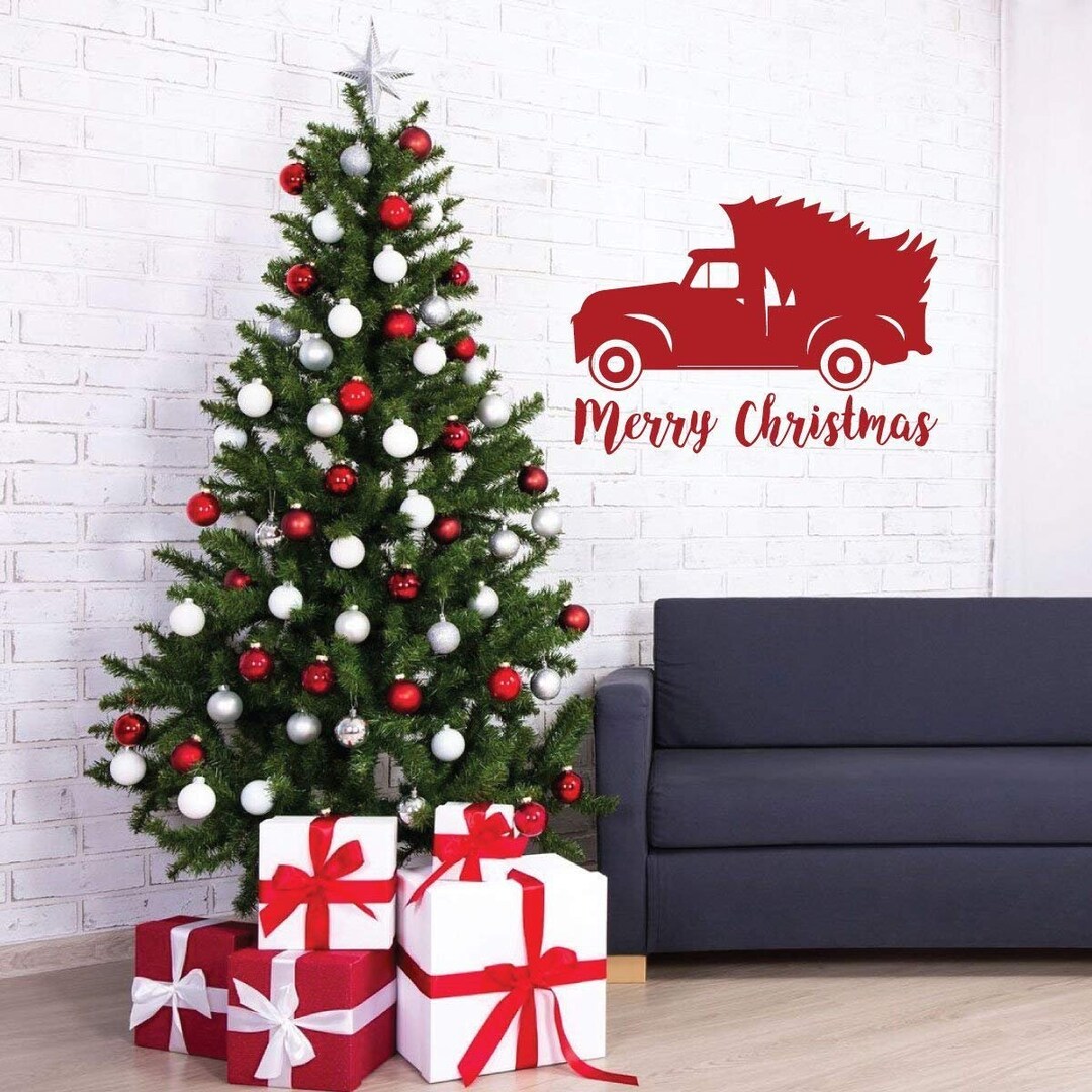 Merry Christmas Wall Decal Chevy Truck With Pine Tree Holiday Vinyl ...