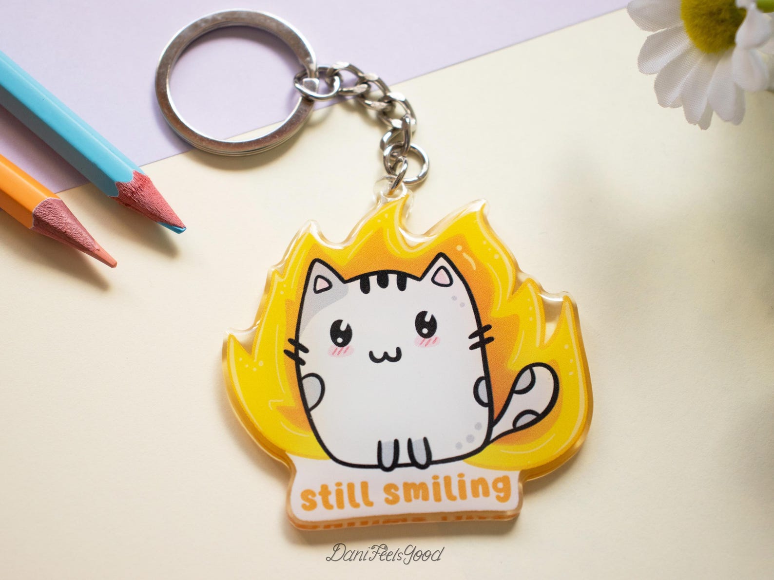 Funny Cat Keychain, Still Smiling, Meme Gray Tuxedo Cat Keyring, Kawaii ...