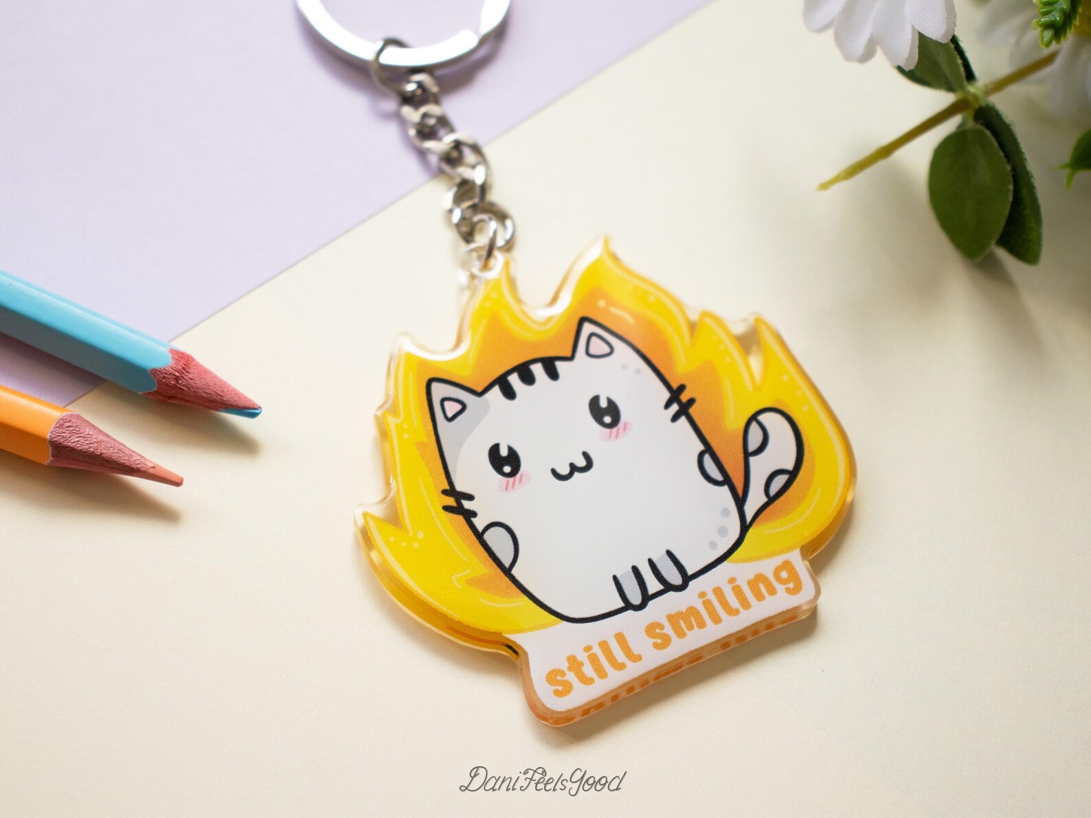 Funny Cat Keychain, Still Smiling, Meme Gray Tuxedo Cat Keyring, Kawaii ...