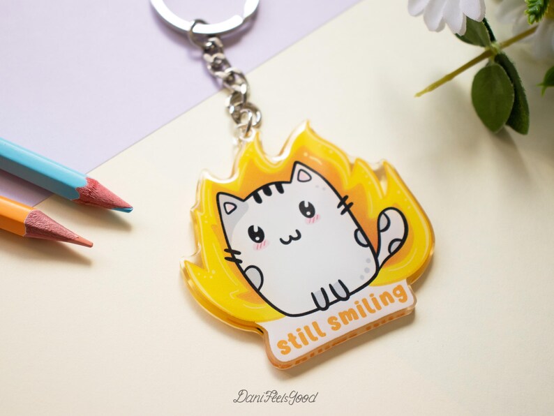 Funny Cat Keychain, Still Smiling, Meme Gray Tuxedo Cat Keyring, Kawaii ...