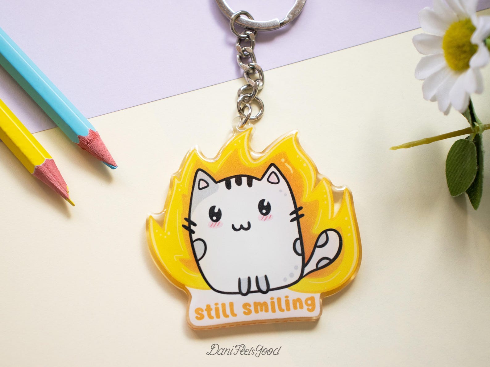 Funny Cat Keychain, Still Smiling, Meme Gray Tuxedo Cat Keyring, Kawaii ...