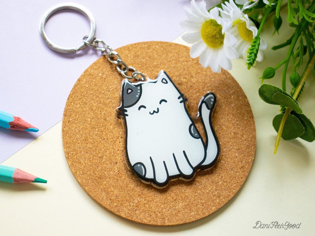 Cute Cat Keychain, Gray Tuxedo Cat Keyring, Kawaii Acrylic Keychain ...