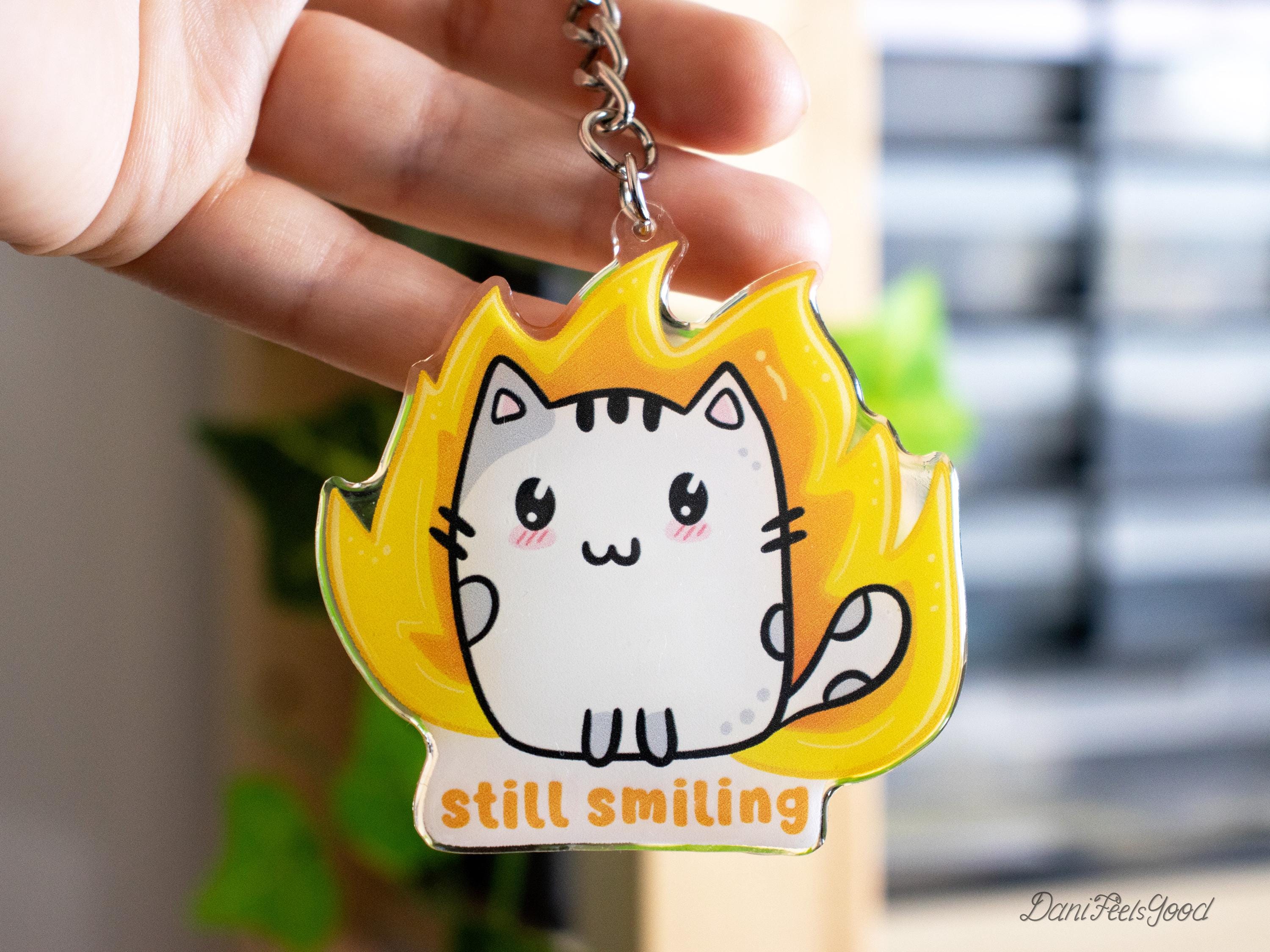 Funny Cat Keychain, Still Smiling, Meme Gray Tuxedo Cat Keyring, Kawaii ...