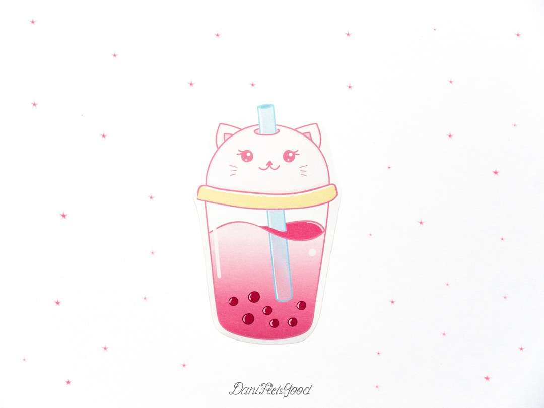 Cute Boba Cat Vinyl Sticker, Bubble Tea, Pink Tea, Kawaii Boba Lover ...