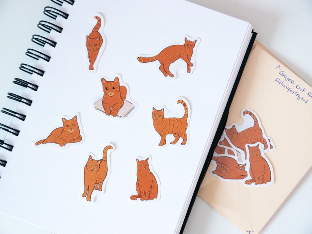 Ginger Cat Sticker Pack, Set of 7 Cute Tabby Stickers, Orange Kitty ...