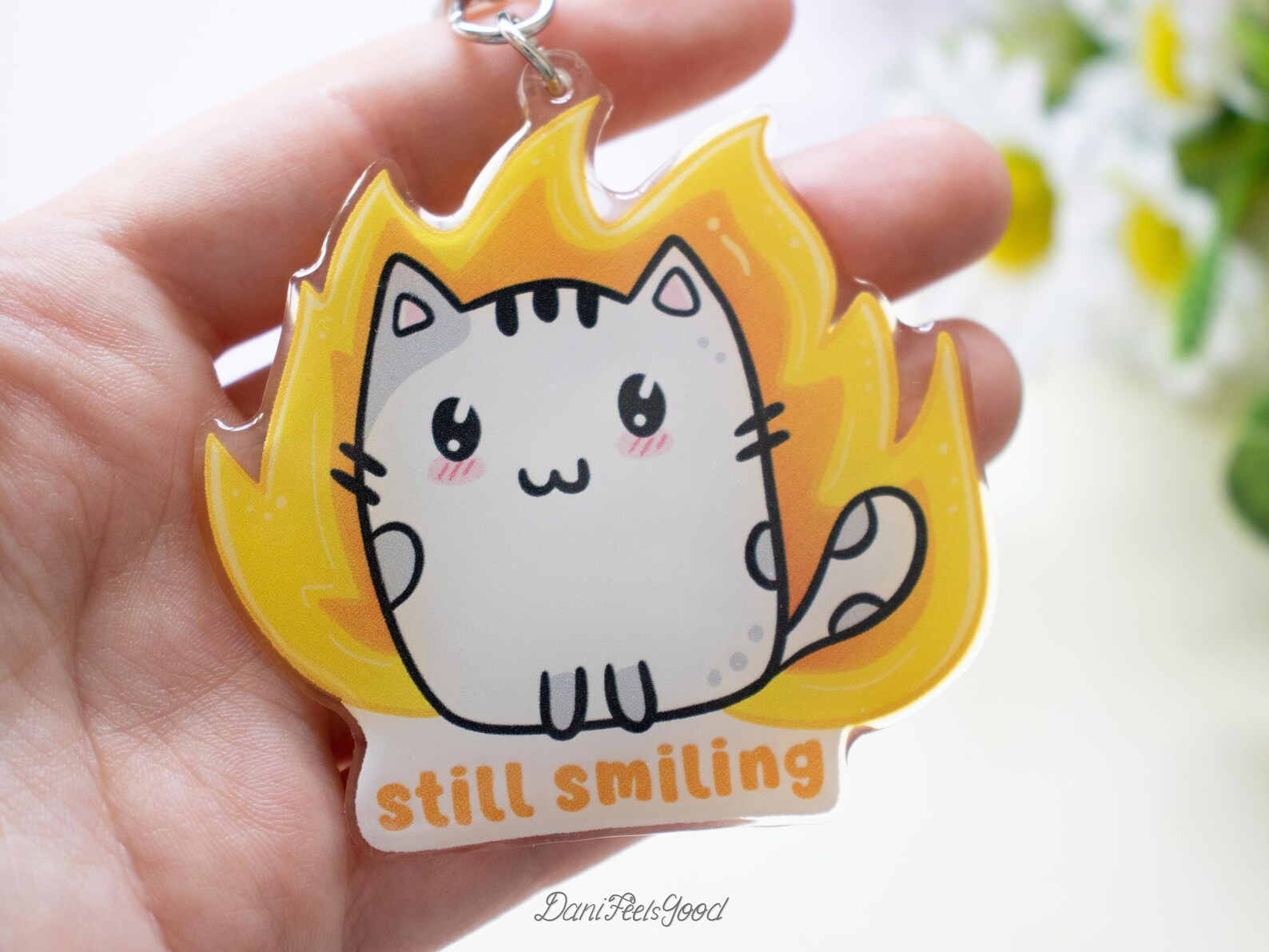 Funny Cat Keychain, Still Smiling, Meme Gray Tuxedo Cat Keyring, Kawaii ...