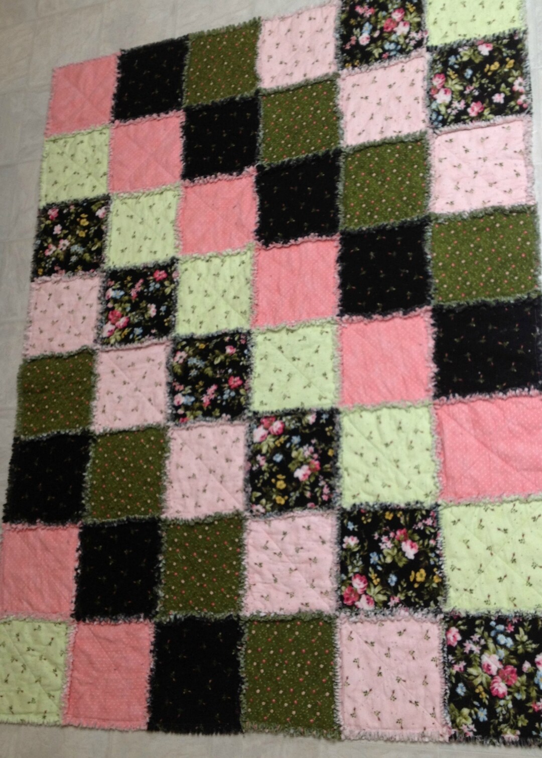 Pink and Green Rag Quilt, Handmade Quilts for Sale, Wall Hanging ...