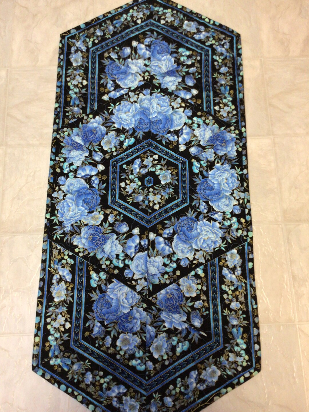 Blue Flowers Frenzy Table Runner, Quilts for Sale, Quilted Table Runner ...